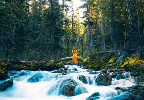 Wallpaper Forest Waterfall Women Outdoors Model Nature River