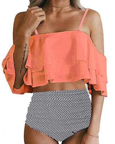 Tempt Me Women Two Piece Off Shoulder Ruffled Flounce Crop Bikini Top