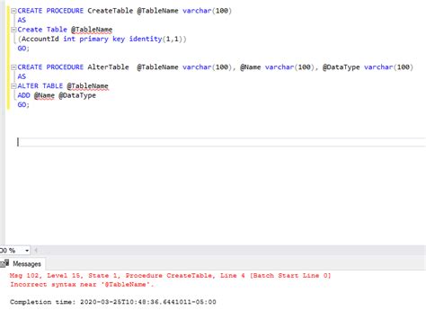 c syntax error with creating a stored procedure in sql