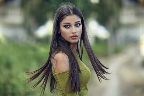 Women Model Face Brunette Women Outdoors Blue Eyes Depth Of Field