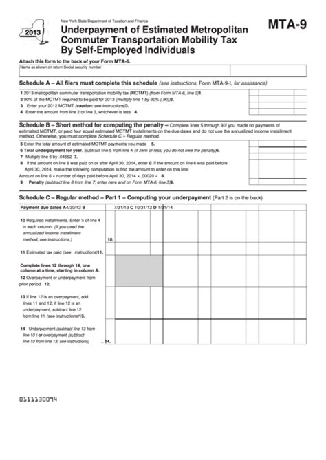 Fillable Form Mta 9 Underpayment Of Estimated Metropolitan Commuter