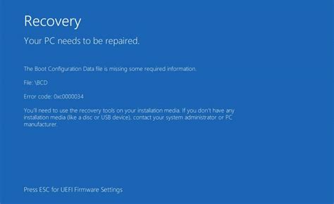 fix a boot configuration data file is missing error 0xc0000034
