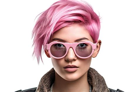 Portrait Of A Beautiful Young Woman With Pink Hair And Sunglasses Stock