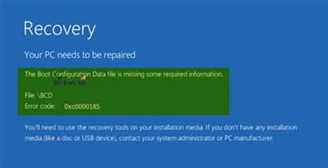 boot configuration data is missing error 0xc0000185 on