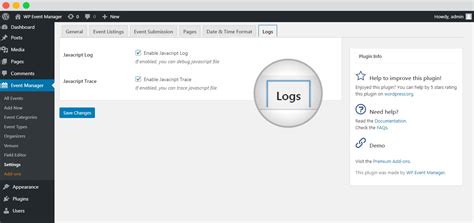enable trace and debug javascript file logs wp event manager