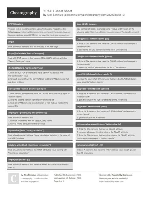 xpath cheat sheet by alexsiminiuc download free from cheatography