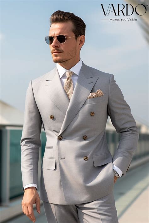 Classic Light Grey Double Breasted Suit For Men Timeless Style And