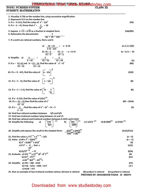 cbse class 9 mathematics worksheet number system 3 1 rational