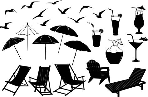 Summer Time Beach Elements Flying Bids Beach Chair Umbrella Drink