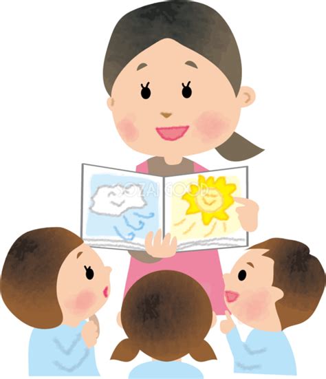 幼稚園児に保育士 女性 が絵本を読み聞かせする無料イラスト66207 素材good
