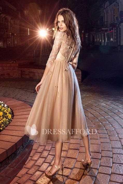 A Line Floral Appliqued Tea Length High Neck Tulle Half Sleeve Illusion