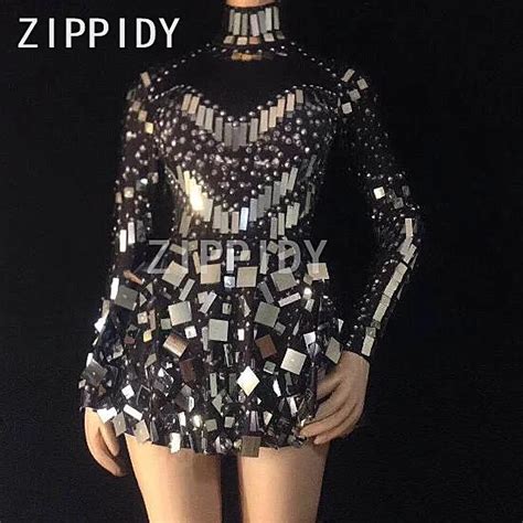 Glisten Silver Sequins Stones Dress Sexy Rhinestones Bodysuit Nightclub