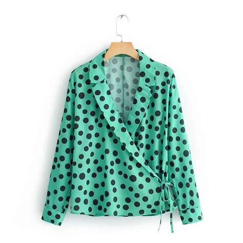 New Women Fashion Green Polka Dots Print Casual Kimono Blouse Shirts