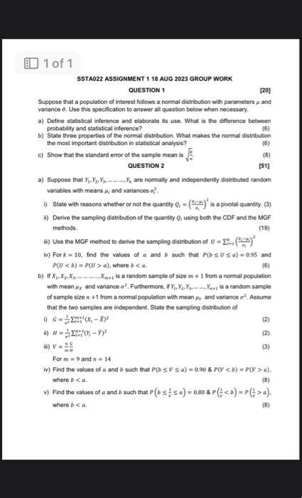 Solved Question 1 [20] Suppose That A Population Of Interest