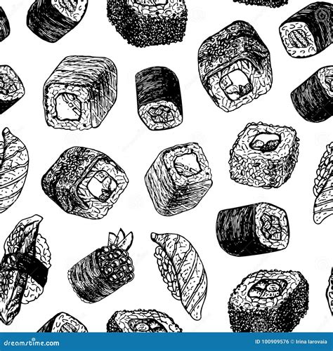 Hand Drawn Background With Sushi And Rolls Vector Seamless Pattern