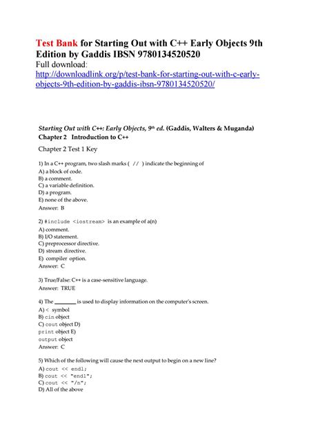 test bank for starting out with c early objects 9th