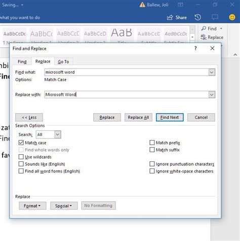 how to use find and replace in word