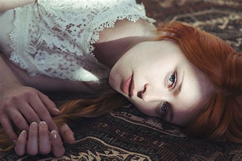 Hd Wallpaper Redhead Women Face Blue Eyes Portrait Lying Down