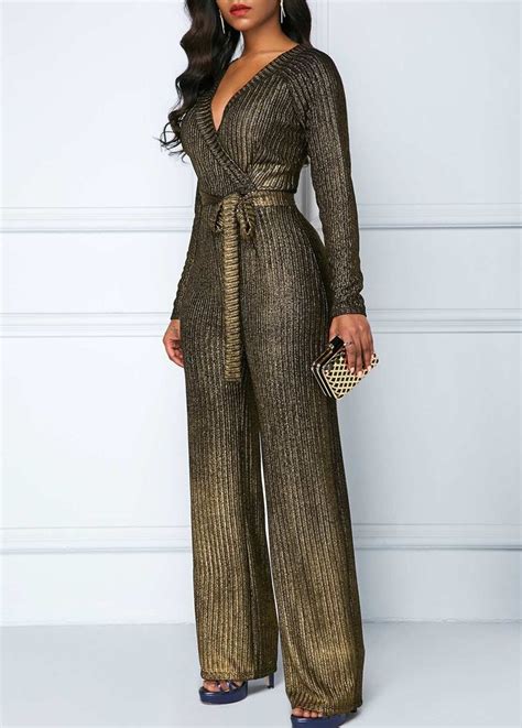 Belted Ribbed V Neck Long Sleeve Jumpsuit Usd 39 83 V