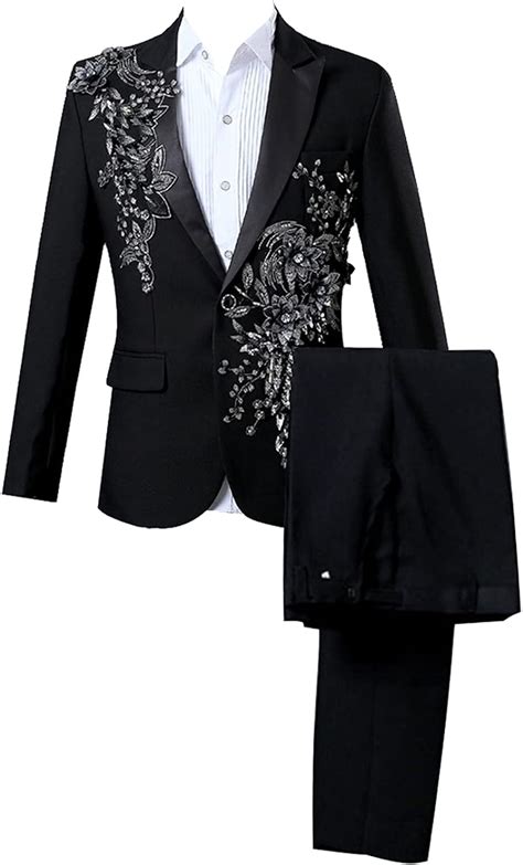 Buy Mens 2 Pieces Luxury Embroidered Suits 1 Button Print Dinner Tuxedo