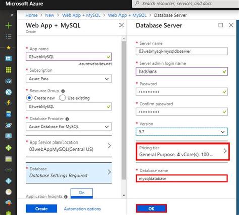 creating a web app service in azure database for mysql a