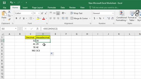 how to convert decimal values to hexadecimal in excel