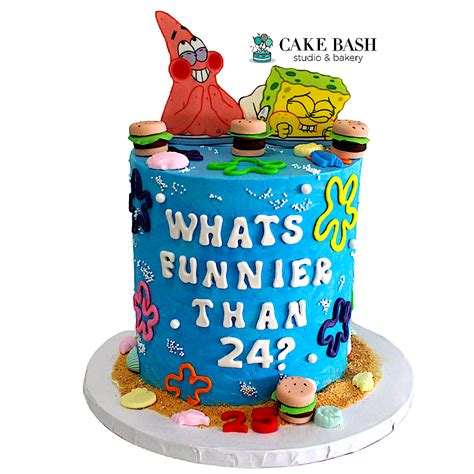 A Blue Cake With Spongebob On It And The Words Whats Funnier Than 240