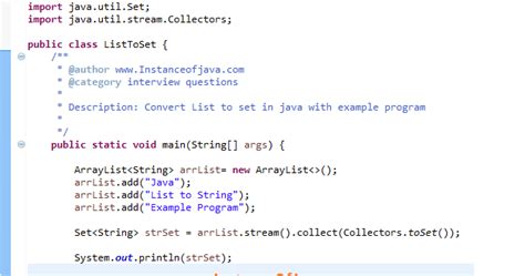 how to convert list to set in java with example program