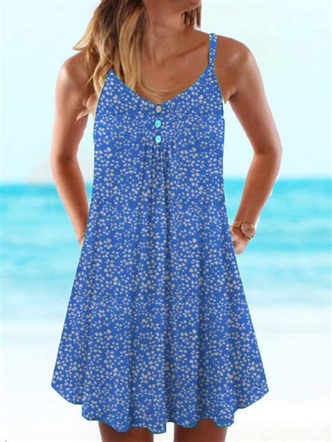 Plus Size Floral Sleeveless Dresses Clothing Blue Casual V Neck