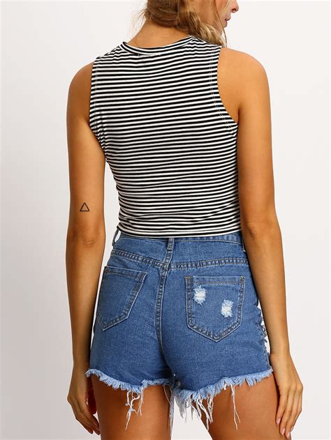 Blue Frayed Ripped Denim Shortsfor Women Romwe