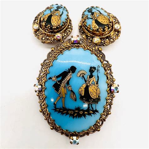 West Germany Robins Egg Blue Victorian Couple Brooch Earrings Vintage