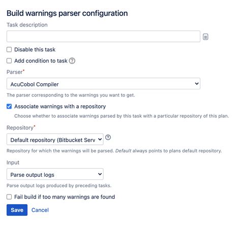 configuring build warnings parser task bamboo data center and server