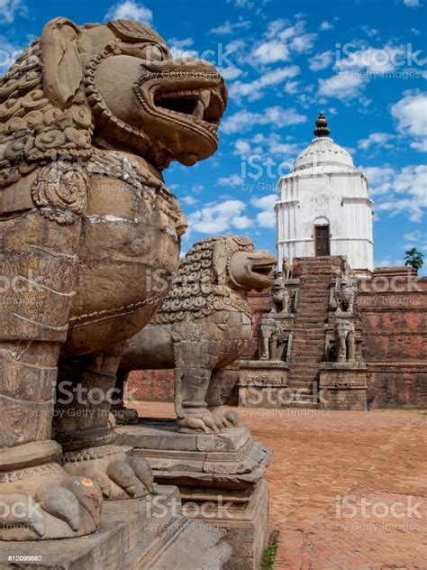Kathmandu Bhaktapur Nepal Ancient Stone Lions And The Large White