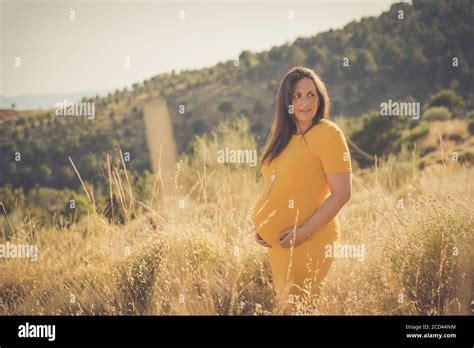 Pregnant Happy Woman Touching Her Belly Full Length Pregnant Beauty