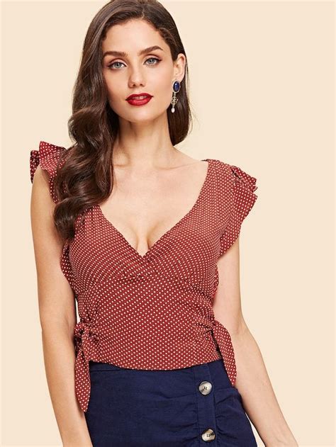 Shein Waist Knot Flutter Sleeve Polka Dot Top Tops Myanmar Dress