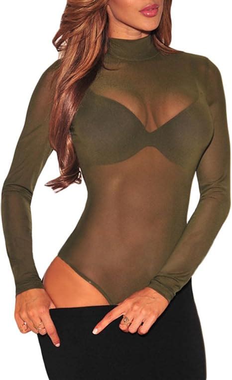 Cfanny Womens Mock Neck Long Sleeve See Through Sheer Mesh Bodysuit