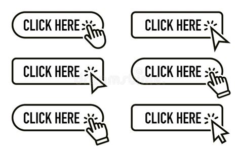 click here set button icon line set with hand pointer clicking stock