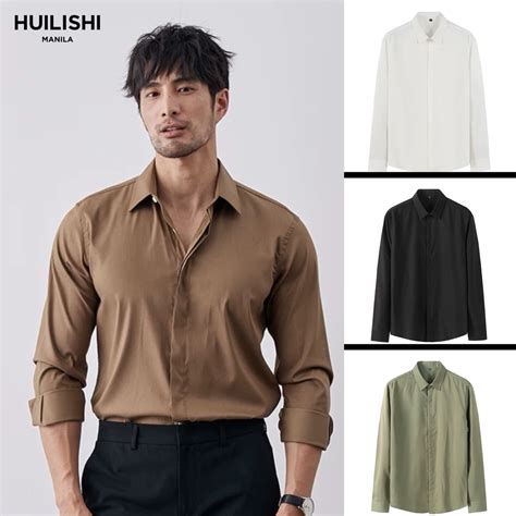 Huilishi Plain Mens Korean Style Long Sleeve Shirt Shopee Philippines