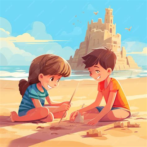Crianças De Desenho Animado Brincando De Castelo De Areia Na Praia