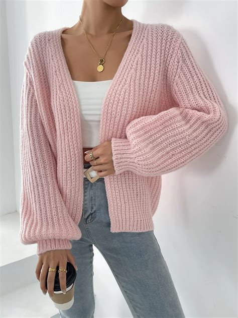 Autumn Winter New Fashion Women Loose Knitted Cardigan Hot Pink Lantern