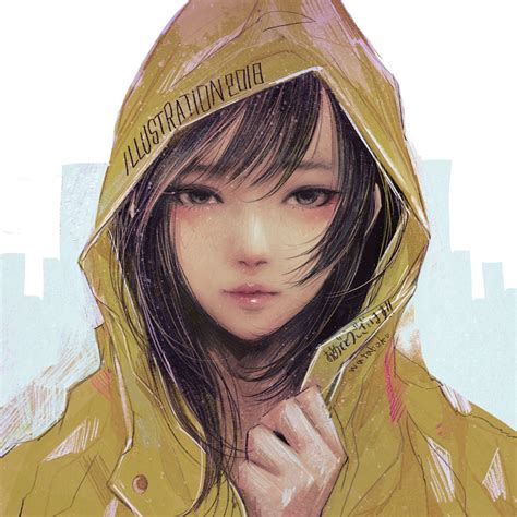 Safebooru 1girl 2018 Bangs Black Eyes Black Hair Hand Up Highres Hood