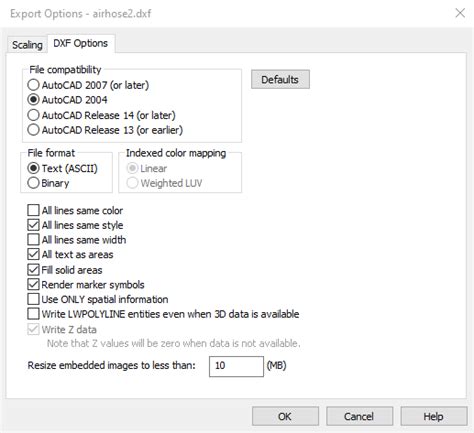 autocad dxf export options dialog