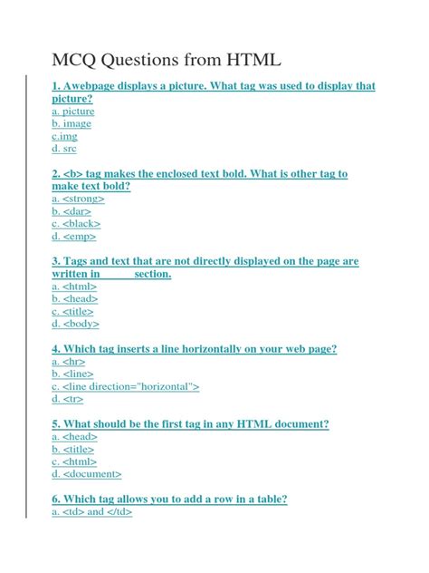 mcq questions from html a picture b image c img d src html