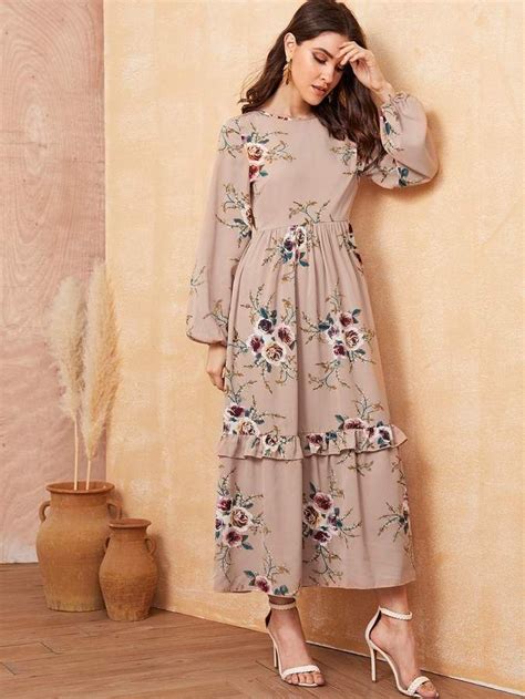 Shein Floral Print Puff Sleeve Frill Dress Long Sleeve Boho Dress Long