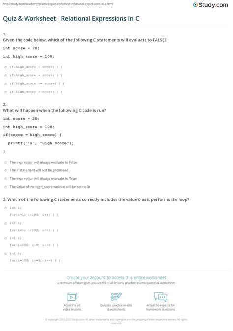 quiz and worksheet relational expressions in c
