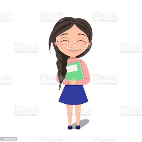 A Schoolgirl Hugs A Book The Darkhaired Girl Smiles Vector Illustration