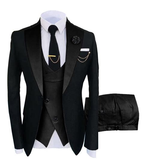 Mens Three Piece Black Tuxedo Peak Lapel Prom Tuxedo In Canada