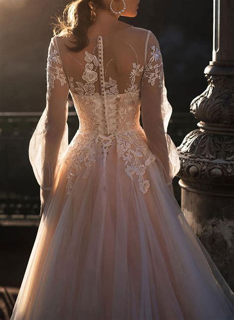 A Line Scoop Neck Long Sleeves Tulle Lace Wedding Dresses With