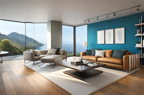 Una Sala De Estar Con Una Pared Azul Que Tiene Una Imagen De Una Vista