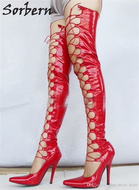 Sorbern Red Women Boots Long Patent Leather Pu 12cm High Heel Lace Up